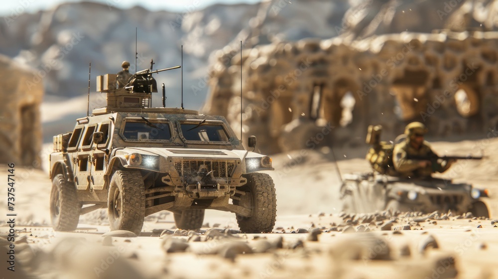 military operation in the desert, military vehicle with soldiers in the ...