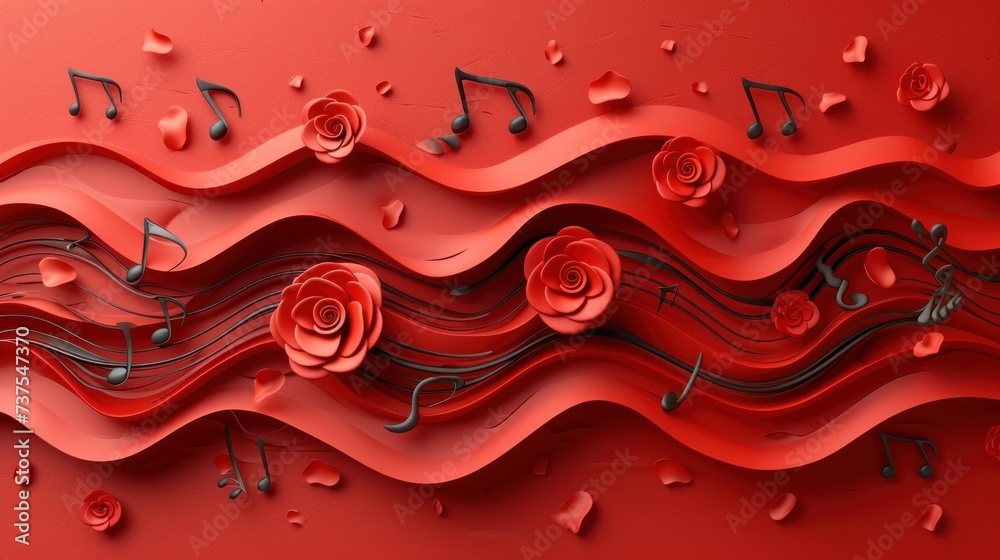 a red background with music notes, roses, and a wave of music notes ...