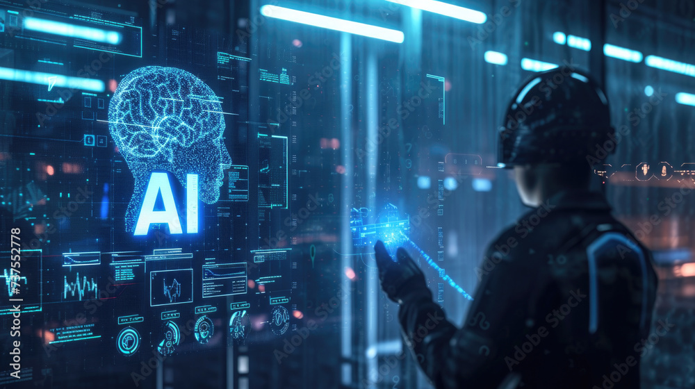 Operator works with artificial intelligence control panel in dark room ...