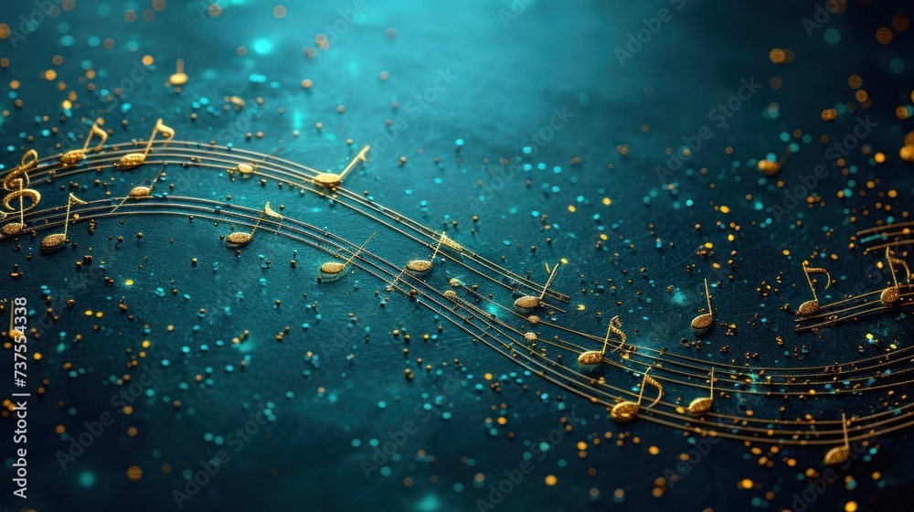 a group of musical notes on a blue background with gold confetti ...