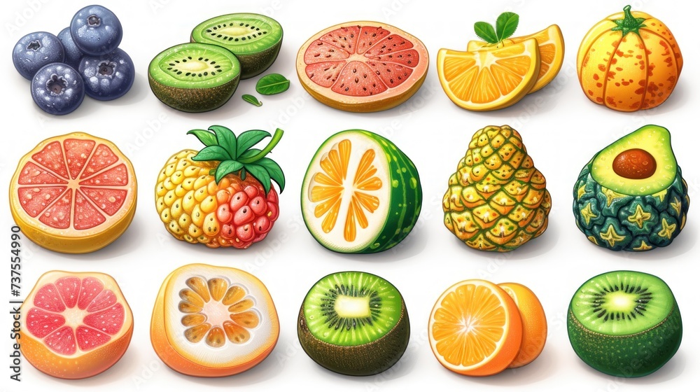 a bunch of different fruits that are cut in half to look like they have ...