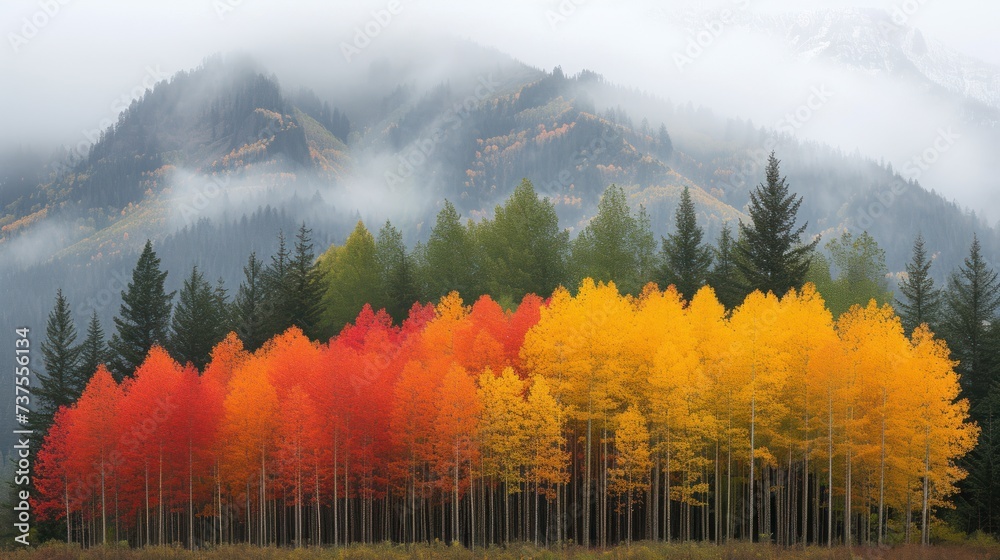 a forest filled with lots of trees next to a tall mountain covered in ...