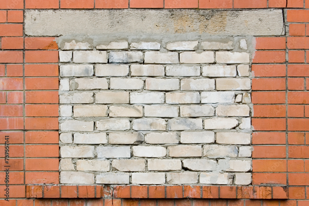 Old aged weathered red brick hut wall background, bricked-up shed ...