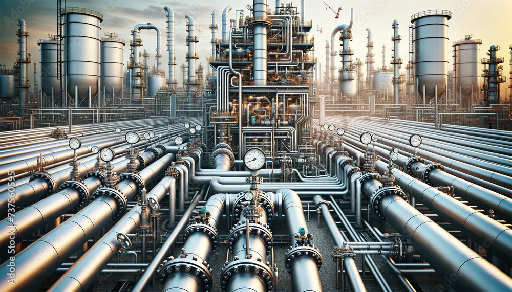 Oil refinery pipeline infrastructure. Detailed images show pipes of ...