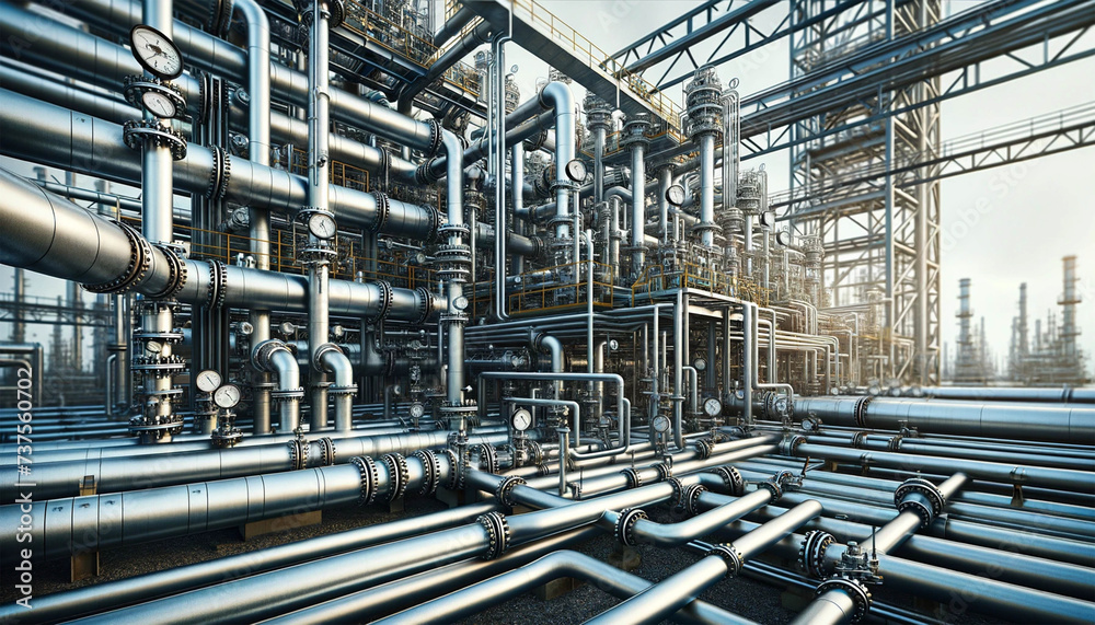 A complex network of pipelines and pipe racks in an oil or chemical ...