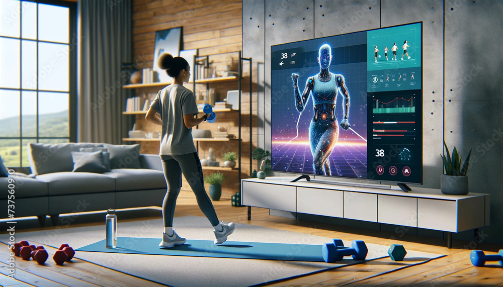 Image of an athlete at home using an artificial intelligence fitness app on her smart TV. The ...