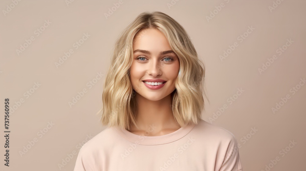 Pretty smiling joyfully female with fair hair, dressed casually ...