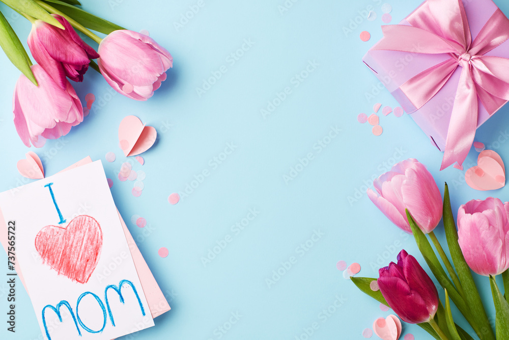 Heartfelt homage: handcrafted love for Mother's Day. Top view shot of ...