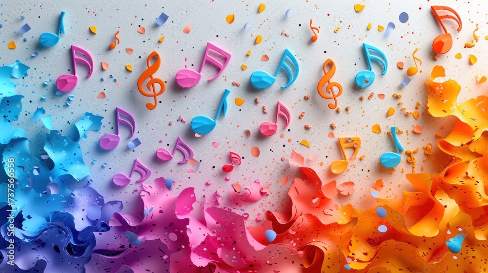 a multicolored wall with musical notes and musical notes hanging from ...