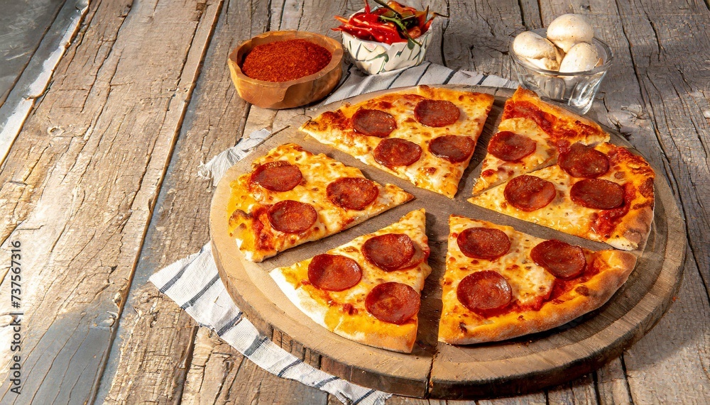Pizza de pepperoni sobre uma tábua de madeira que está em uma mesa de ...