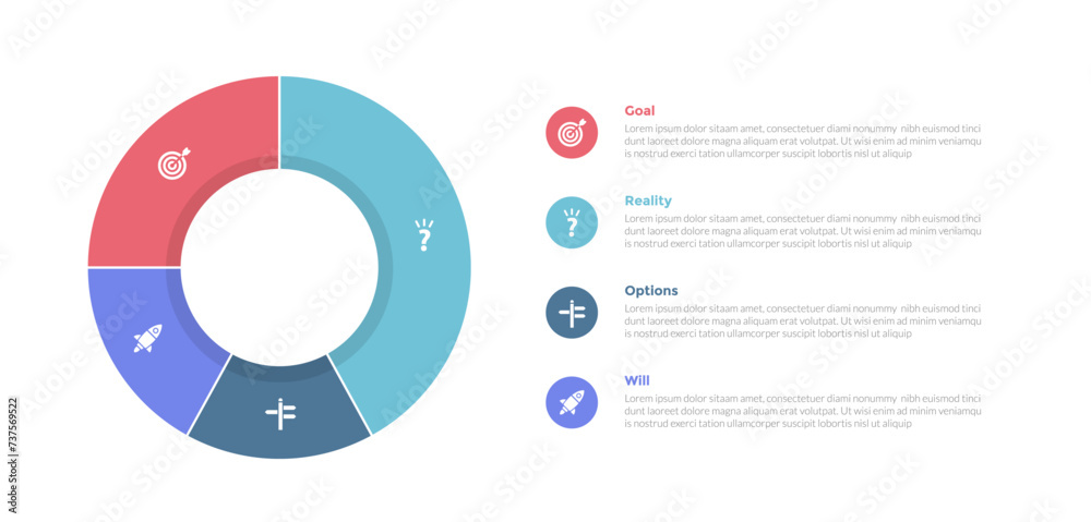 GROW coaching model infographics template diagram with big outline pie ...