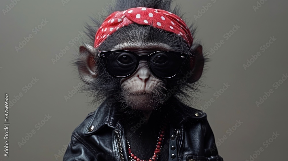 a monkey with sunglasses and a bandana on it's head wearing a leather ...