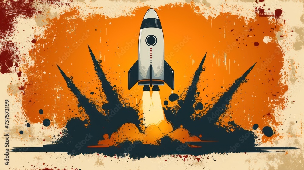 a painting of a rocket taking off into the sky with smoke coming out of ...