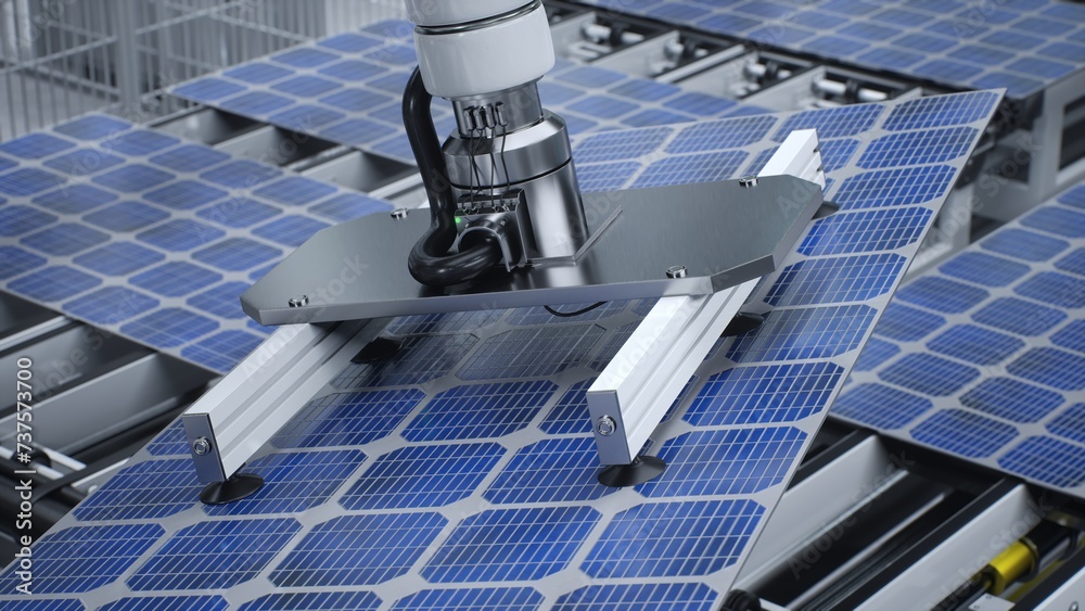 Solar panel placed on conveyor belt, operated by robot arm, moving ...