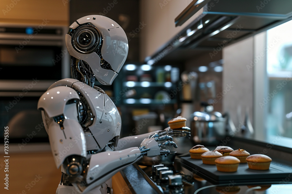 robot in the kitchen, making food, blurred background. Artificial ...