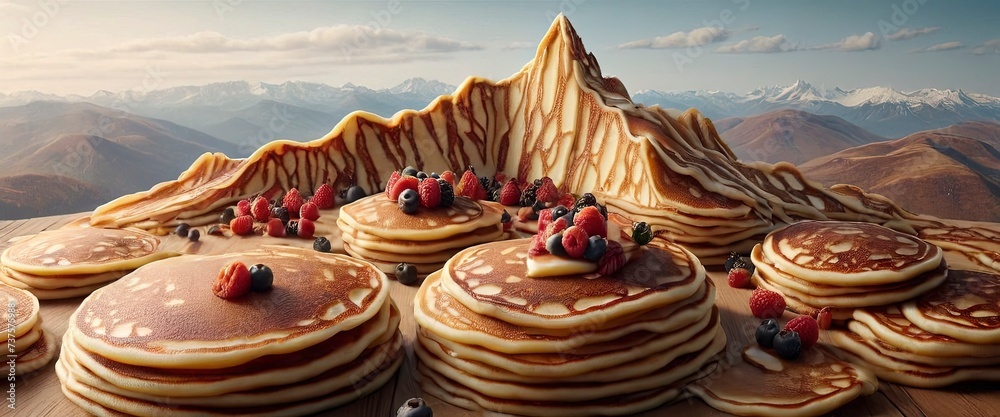 Pancakes against mountains, mountains made of pancakes. Landscape ...