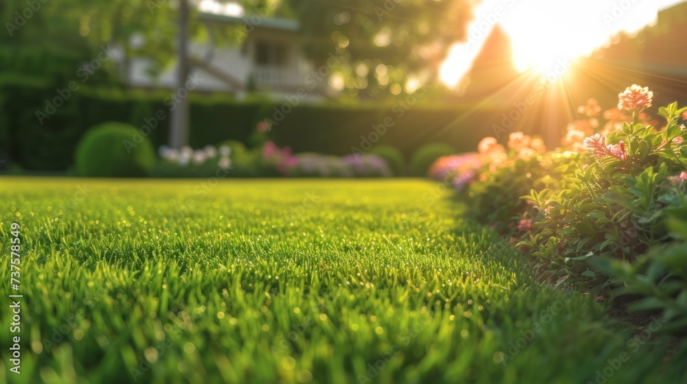 Beautiful backyard with a lawn and beautiful flowers in a majestic ...