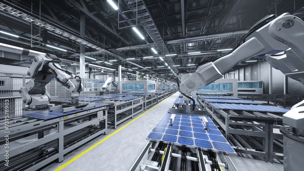 Solar panel factory with industrial robot arms placing PV modules on ...