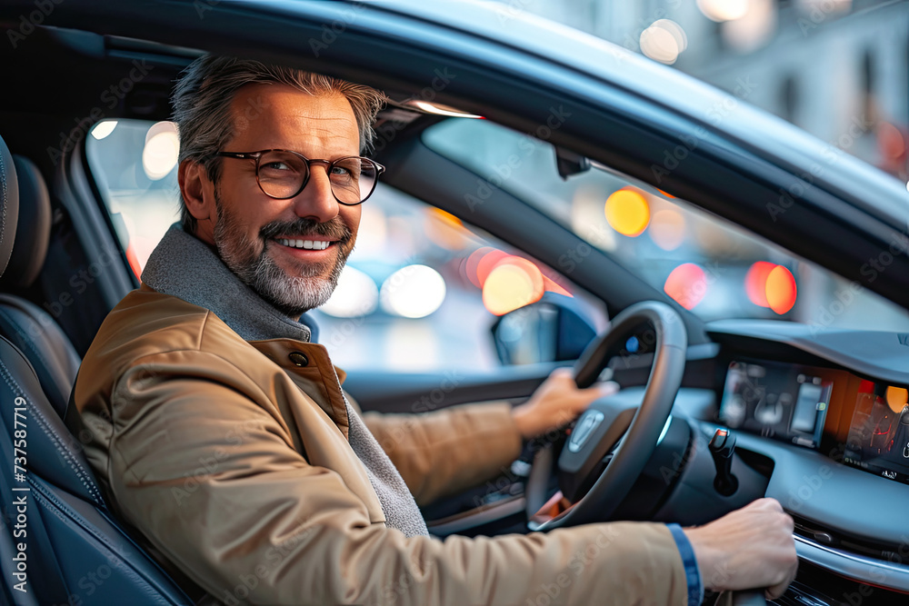 Conductores felices y satisfechos con su nuevo coche eléctrico Stock ...