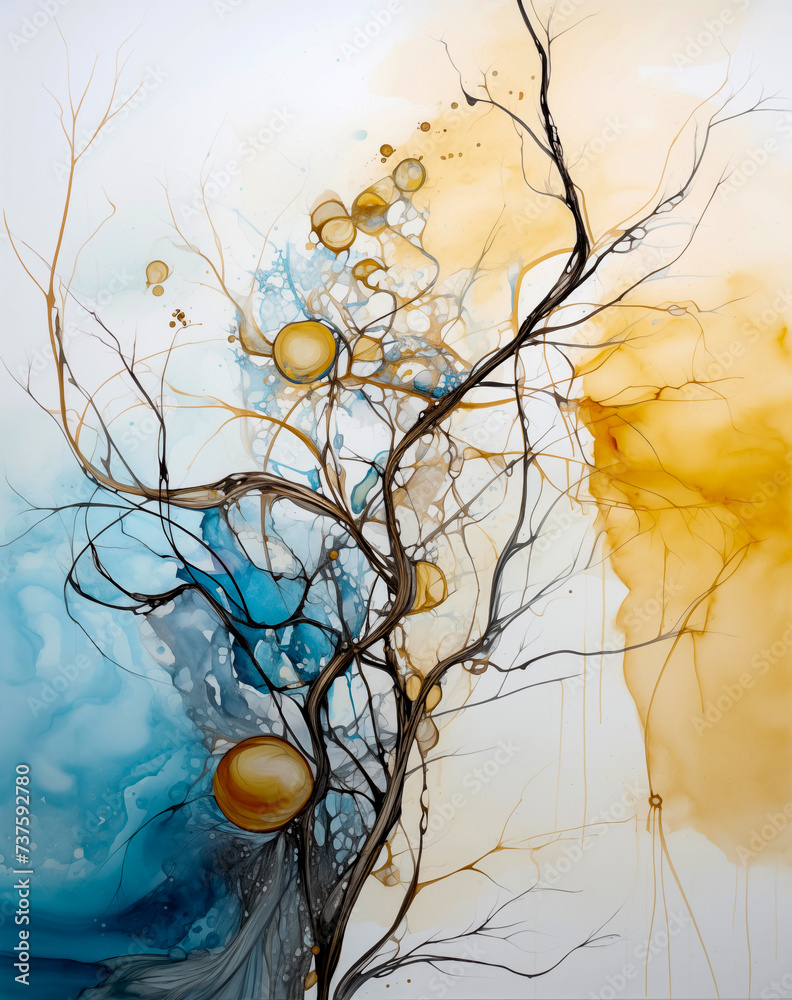 Sprayed painting, in the style of gold and azure, expressive pen and ...