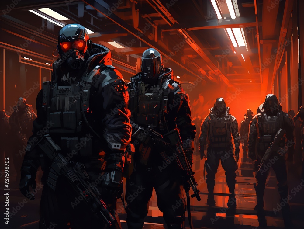 Fotografia do Stock: A band of masked individuals, armed with guns and dressed in protective ...