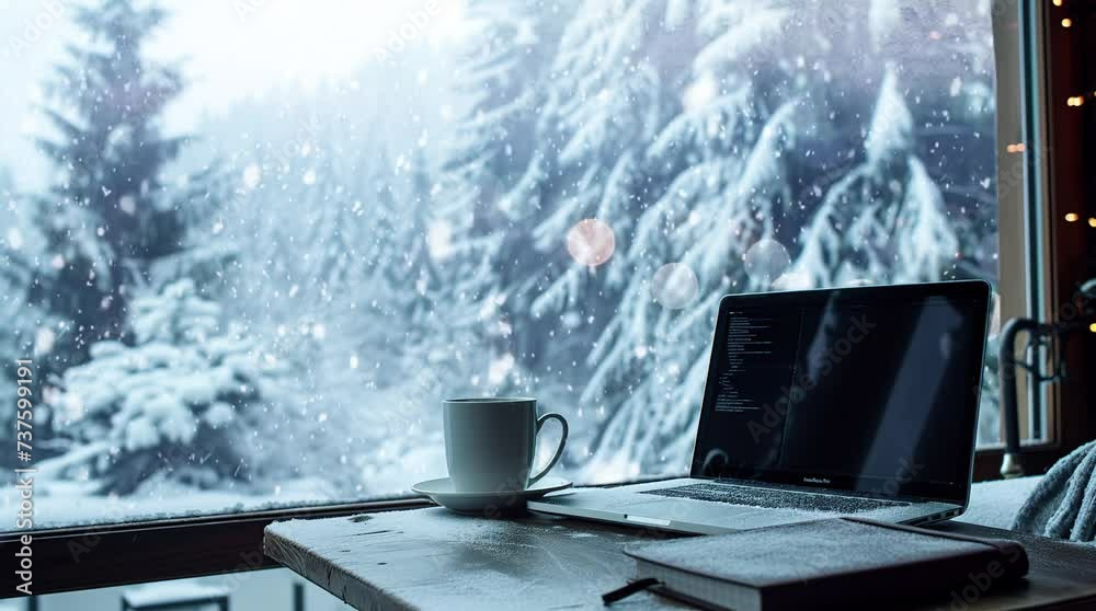 Vidéo Stock Laptop and coffee at winter window cozy workspace with ...