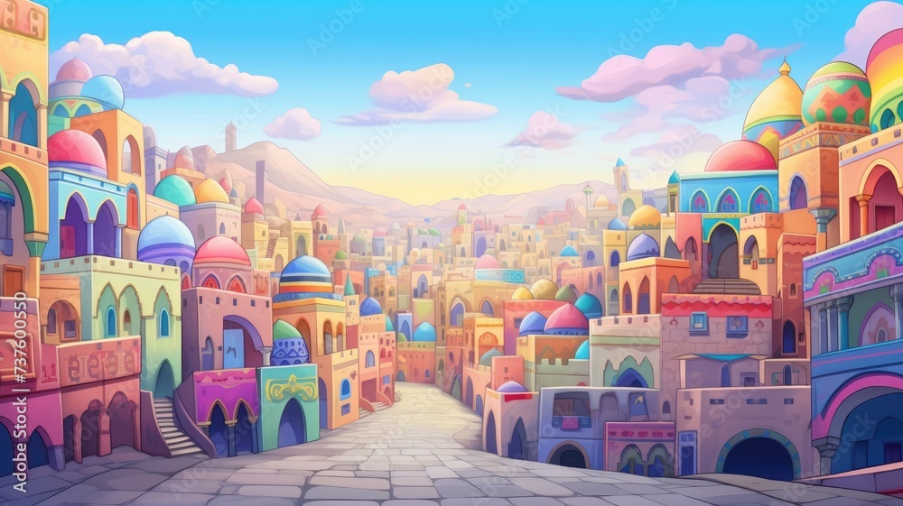cartoon illustration Panorama of ancient arab city with houses and the ...