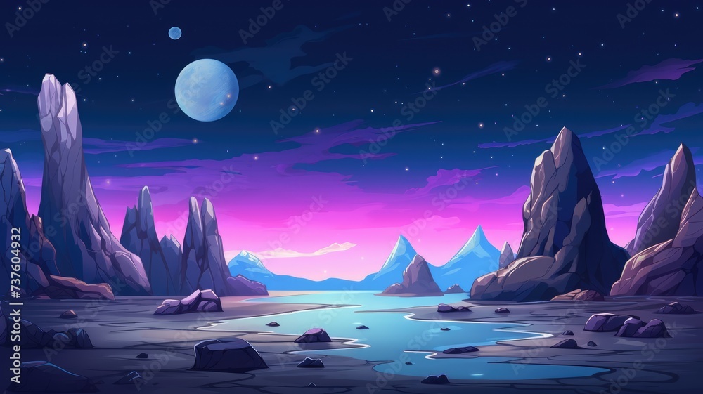 cartoon landscape under a starry night sky with lush greenery and ...