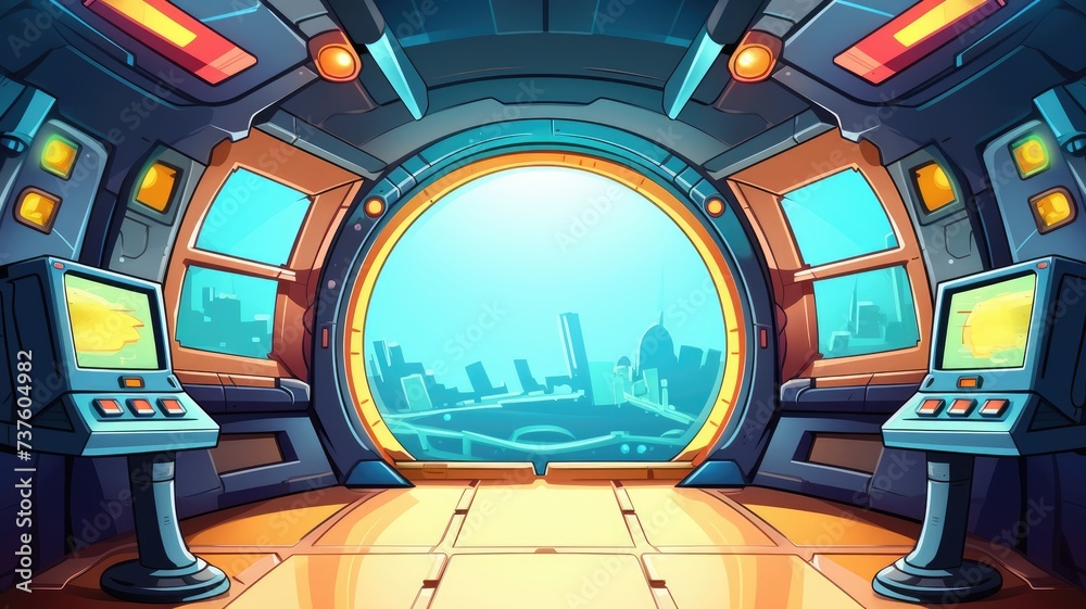 cartoon Spaceship interior, cockpit view inside. futuristic safety ...