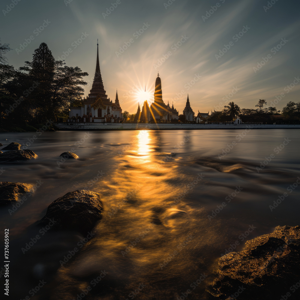 The breathtaking view of the sun setting behind ancient temple spires ...