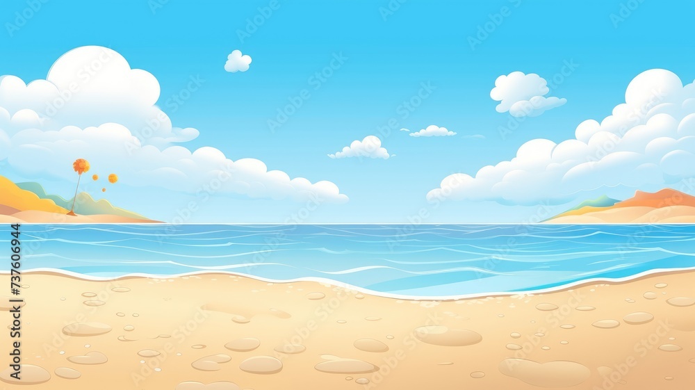 cartoon beach scene with golden sands, calm blue waters, fluffy clouds ...