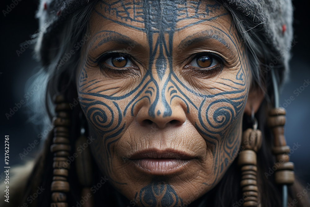 A soulful portrait of a Maori woman adorned in traditional tattoos, or ...