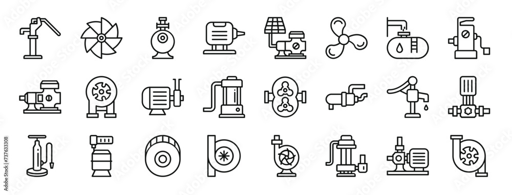 set of 24 outline web water pump icons such as hand pump, fan, water ...