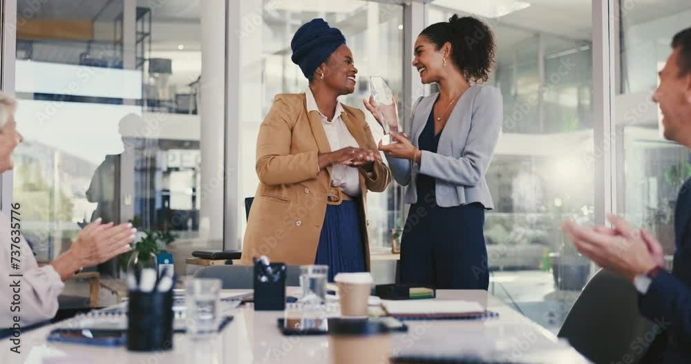 Excited, business people and applause in meeting for award, winning or ...