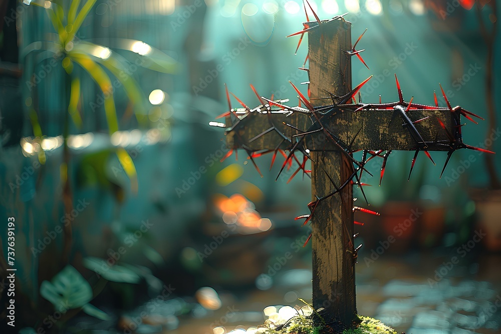 Palm Sunday Symbolism: Wooden Cross with Crucifixion Surrounded by Palm ...