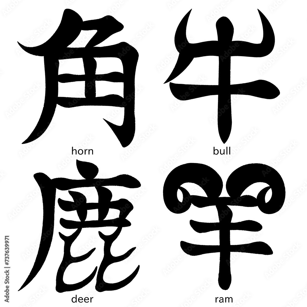 Japanese kanji for horn, bull, deer and ram on transparent background ...