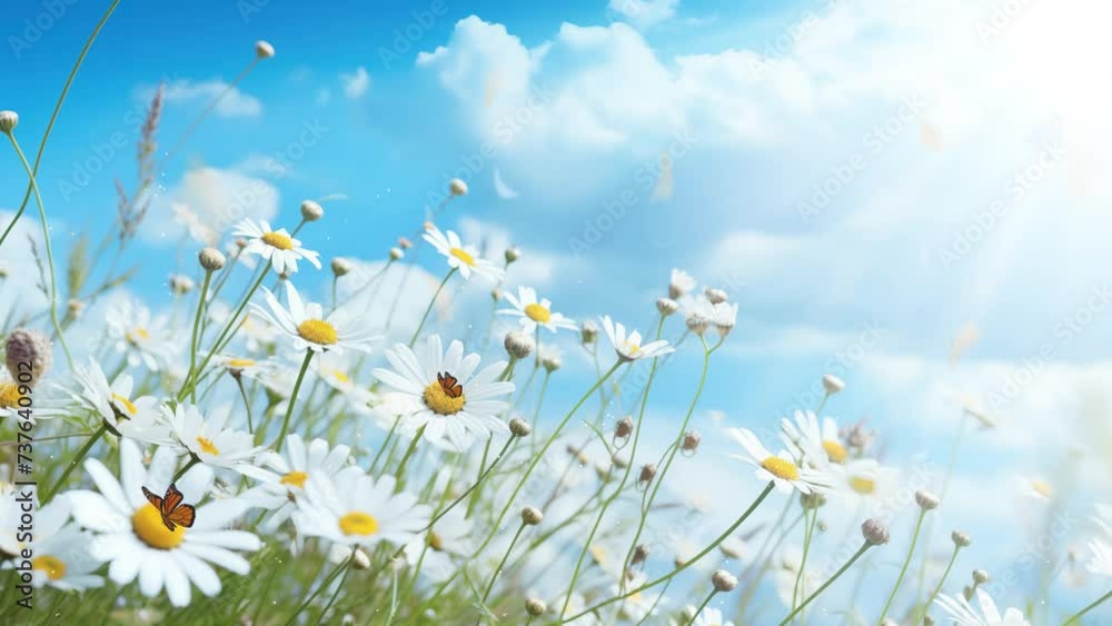 beautiful field meadow flowers chamomile blue wildflower. field of ...