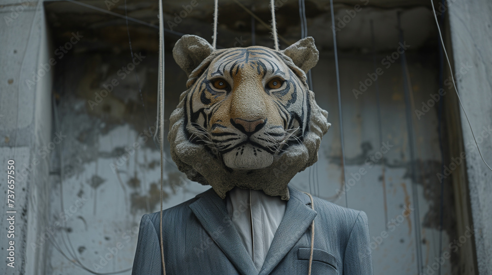 Concrete statue of a tiger in a suit being lowered by rope Stock Photo ...
