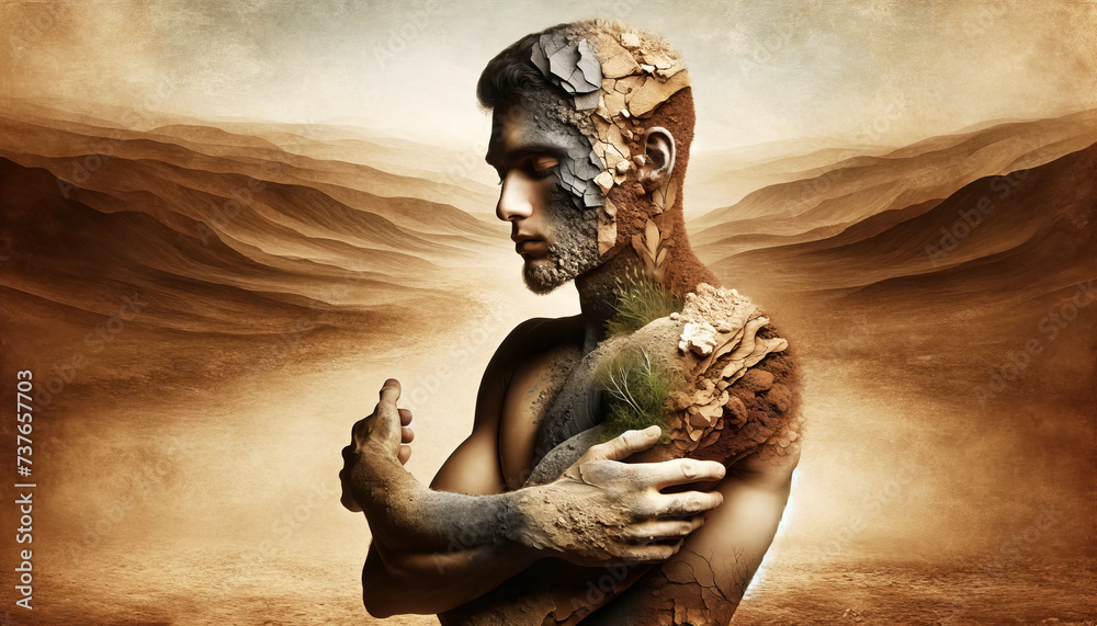 Embrace of Nature and Being. A man cradling a natural landscape ...