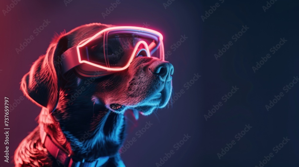 Dog wearing vision pro VR glasses, bone neon icon room background ...