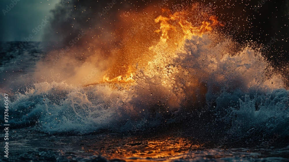 A dramatic scene where a roaring fire meets the crashing waves of the ...