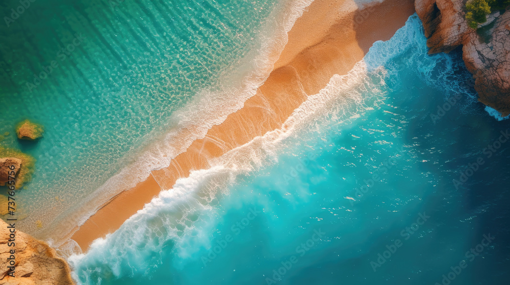 Top view of Tropical Beach Meets Pristine Ocean Waves, sea and beach ...