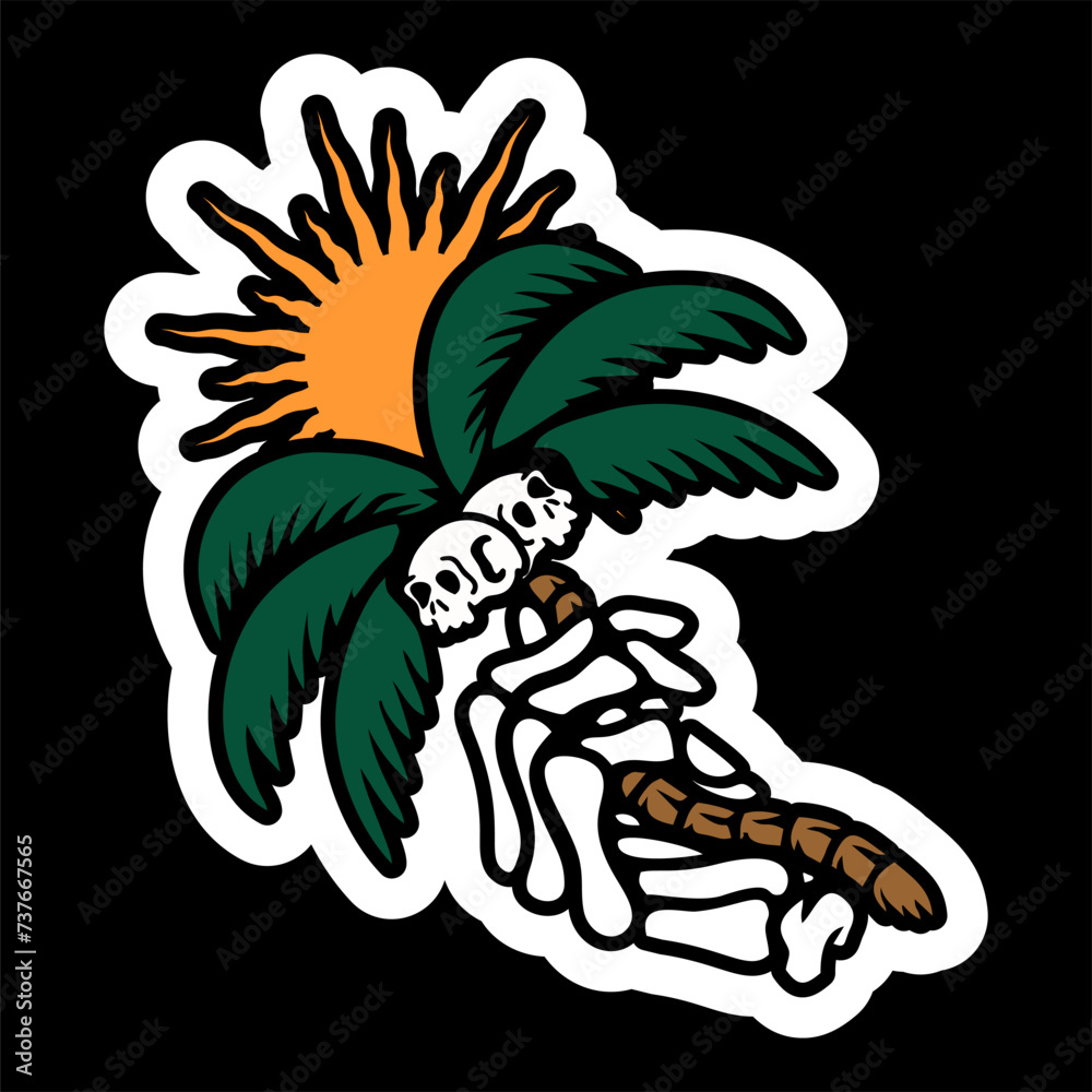 vector illustration artwork of skull skeleton hand bring palm tree with ...