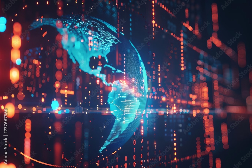 A digital world map symbolizes global connections and futuristic ...