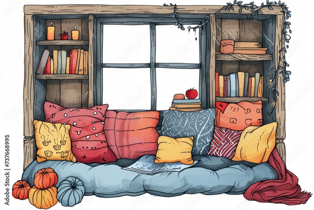Cartoon cute doodles of a cozy reading nook, with characters surrounded ...