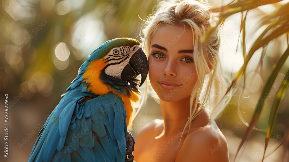 Foto de Girl with a Parrot. Colorful Parrot. Blue and Gold Macaw Parrot ...