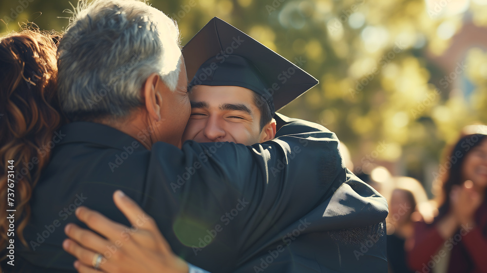 Young man in his graduation gown and cap, hugging her parents at the ...