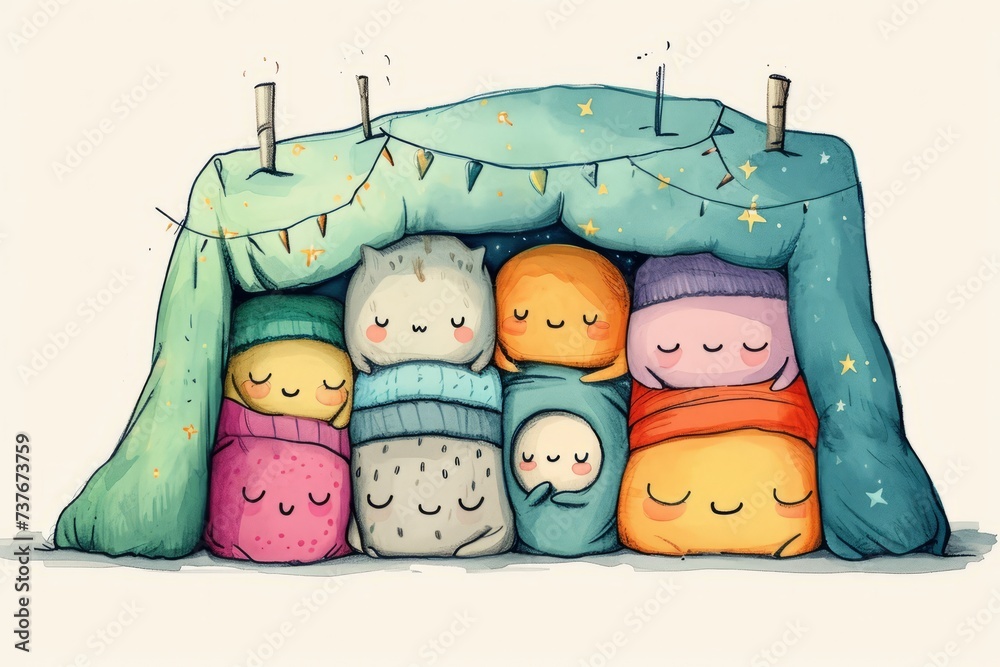 Cartoon cute doodles of a snug pillow fort, with characters having a ...