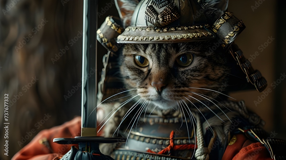 Cool cat samurai warrior in battle pose with katana sword, wearing ...