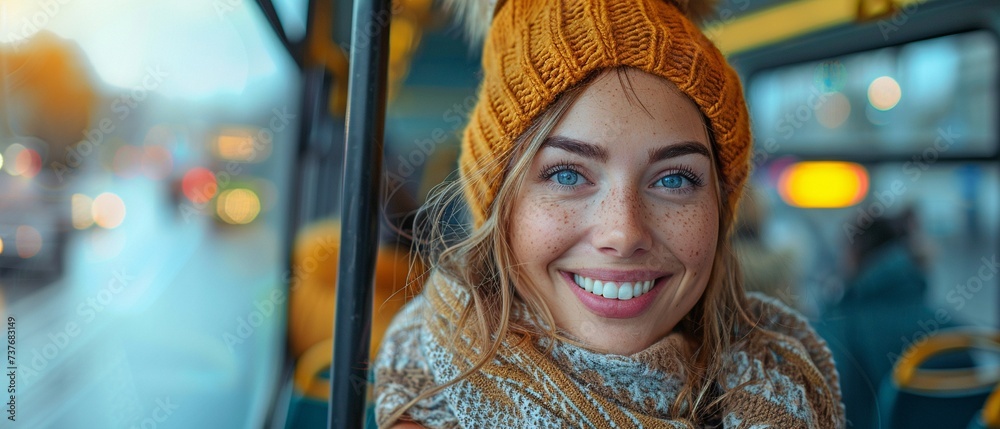Young, happy lady riding a public bus and gripping a handle. Stock ...